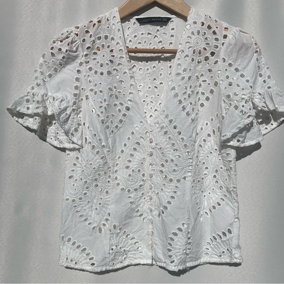 Zara | Tops | Last Call Zara White Cotton Floral Embroidered Eyelet ...